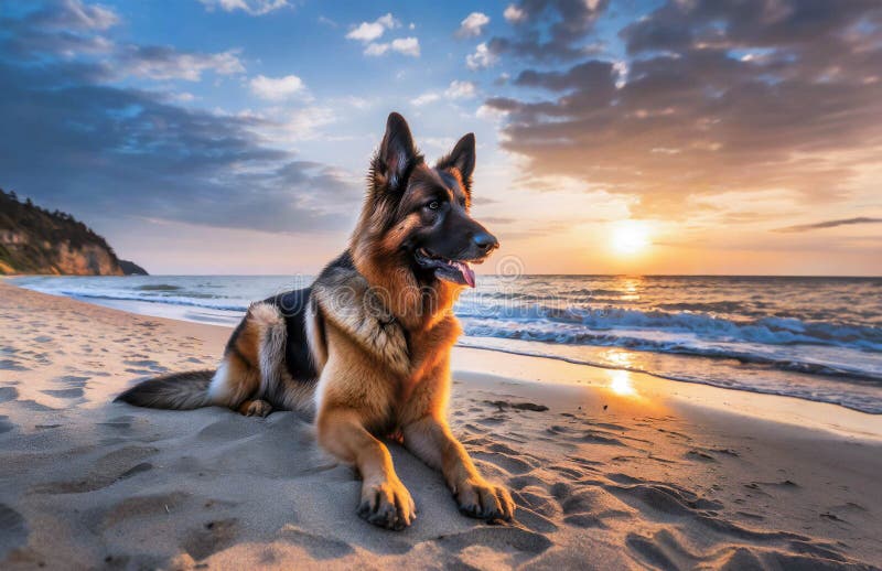 Happy German Shepherd Dog on the Beach Stock Illustration ...