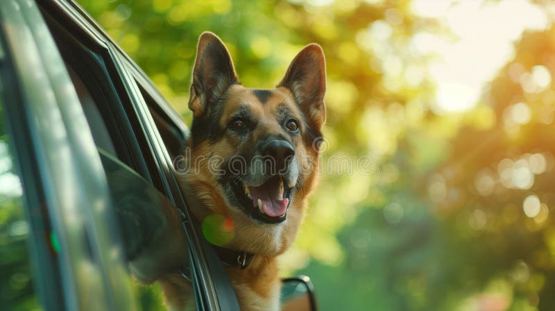 Happy German Shepherd Dog Hanging Out a Moving Car Window Stock ...