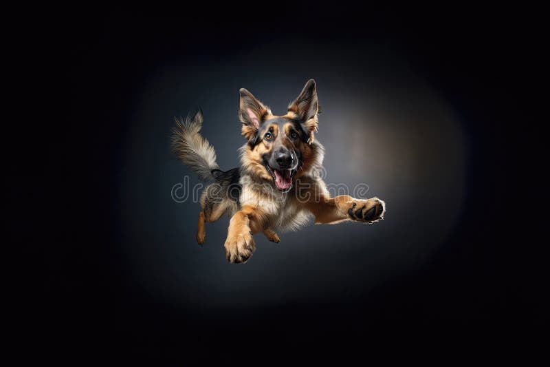 Happy German Shepherd Dog in Jumping, in Flight on Silver Background ...