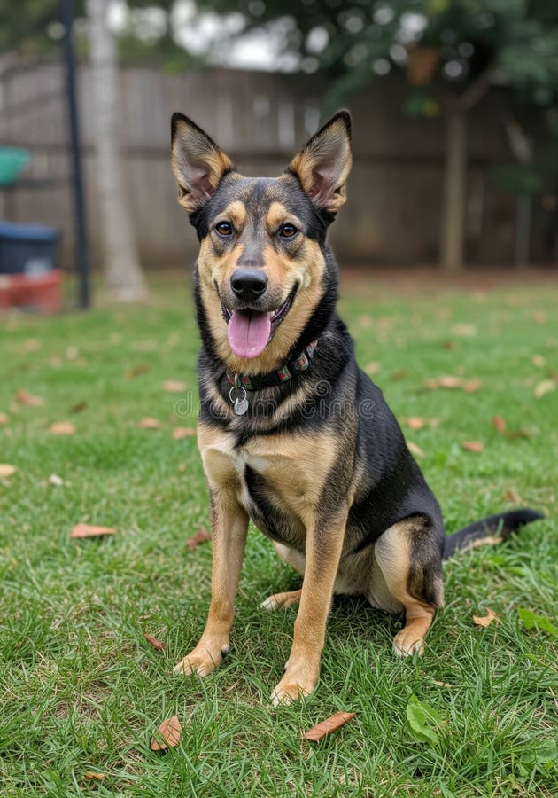 Happy German Shepherd Mix Sitting on Green Grass Stock Illustration ...