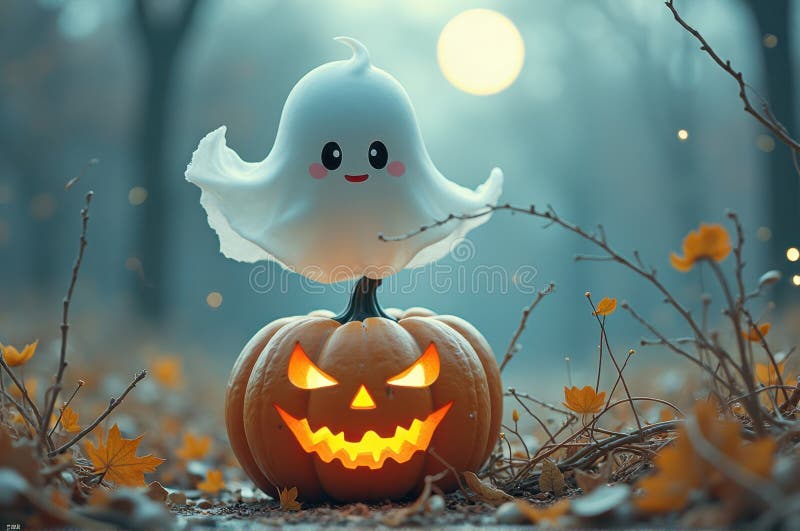 Happy Ghost Floating Above Jack-o -lantern in Enchanted Autumn Forest ...