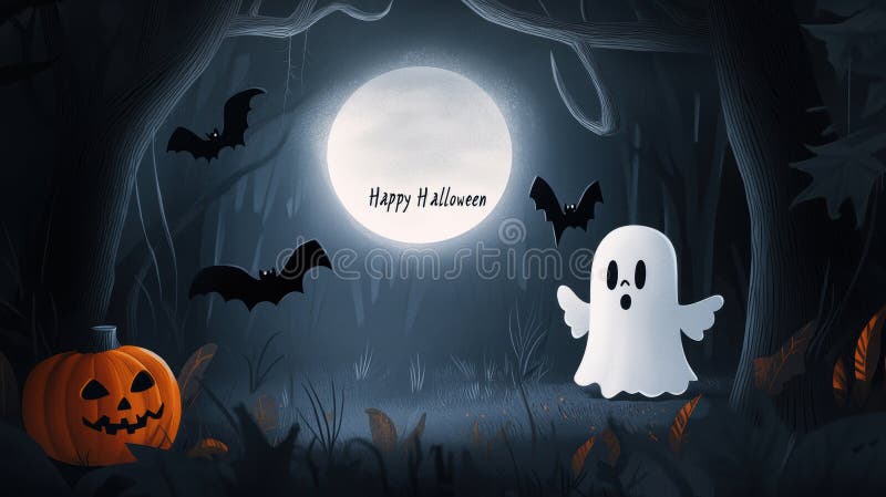 Happy Ghost in Front of the Moon Wishing Happy Halloween Stock ...