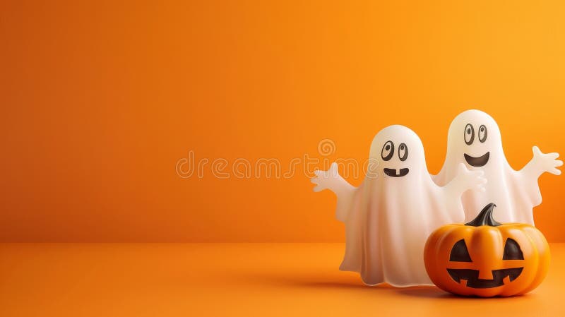 Happy Ghosts with Pumpkin on Orange Background, Halloween Theme Copy ...