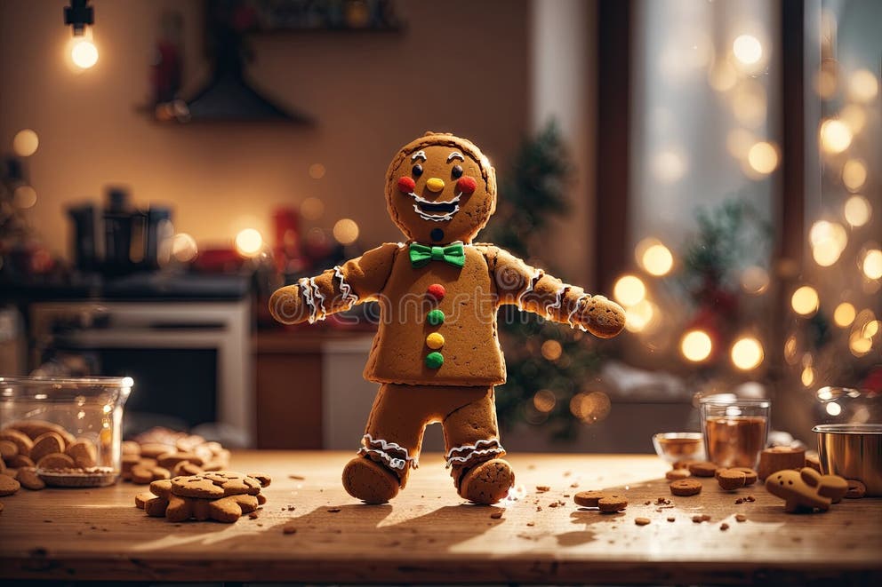 A Happy Gingerbread Man Dancing on the Kitchen Table. Ai Generative ...