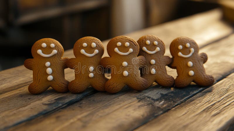 Happy Gingerbread Men Stand Together in a Row Stock Illustration ...