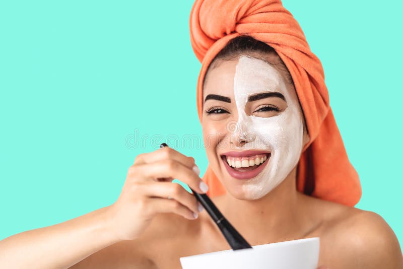 Happy Girl Applying Daily Facial Cream Young Woman Having Skin Care