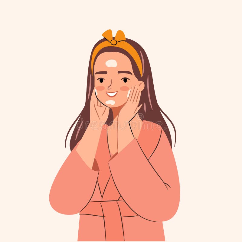 Happy Girl In Bathrobe Applying Cream Skincare Routine Concept Flat