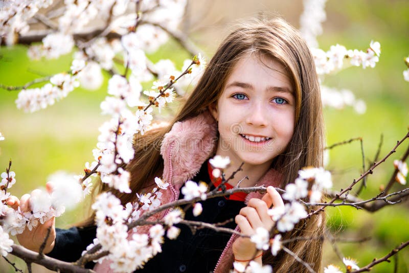 Happy Girl at Blossoming Garden in Spring Stock Image - Image of baby ...