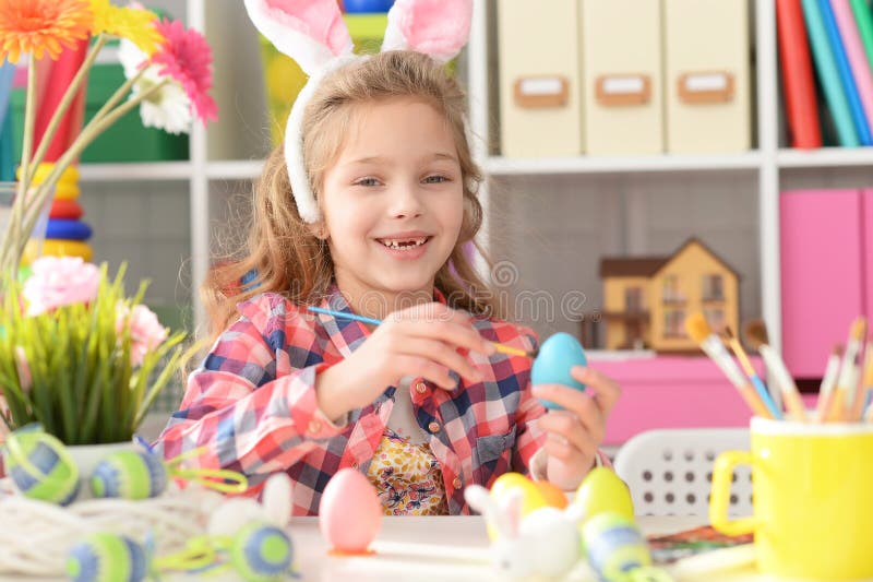Happy Girl with Bunny Ears Getting Ready for Easter Stock Image - Image ...