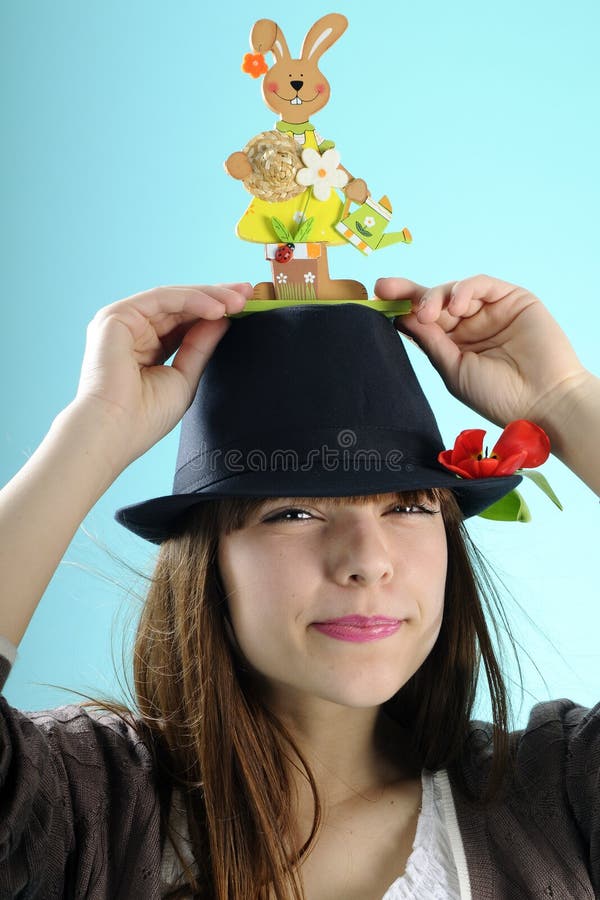 Happy Girl with Bunny on Hat Stock Image - Image of black, happy: 13182767