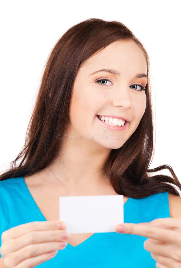 Happy Girl with Business Card Stock Image - Image of displaying ...