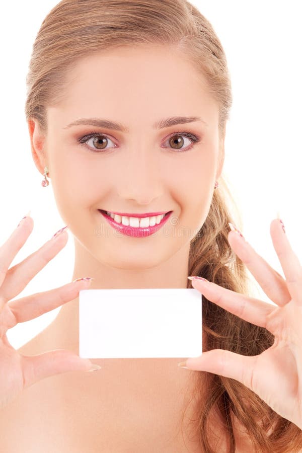 Happy Girl with Business Card Stock Photo - Image of background ...