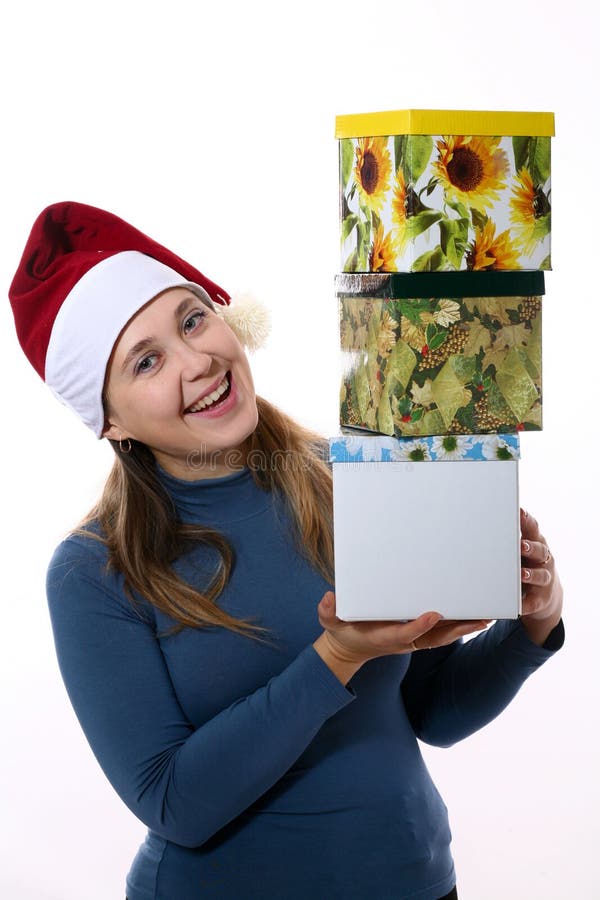 A Happy Girl in a Cap with Three Boxes Stock Photo - Image of ...
