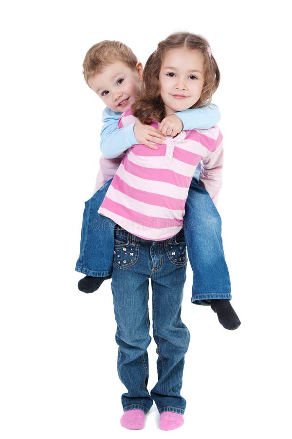 Happy Girl Carrying Boy on Back Stock Photo - Image of smiling ...