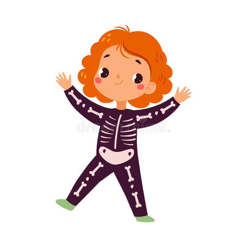 Happy Girl Character At Halloween Party Celebration In Skeleton Costume