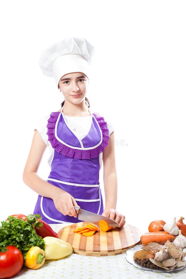 Happy Girl Chef Cook Cuts Carrots Stock Photo - Image of lifestyles ...