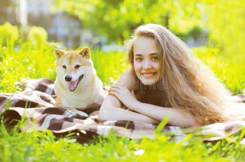 Happy Girl and Dog Having Fun on the Grass Stock Image - Image of ...