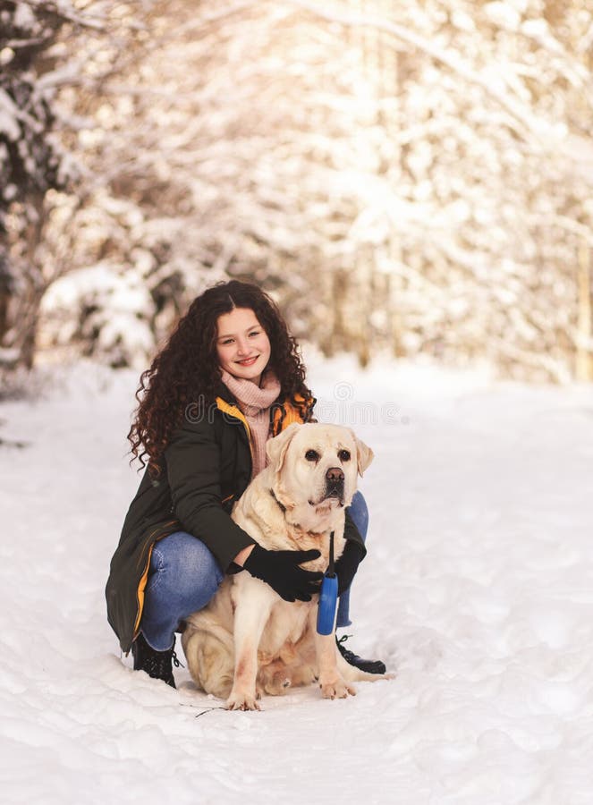 Happy Girl with Dog Labrador in Winter Forest Stock Image - Image of ...