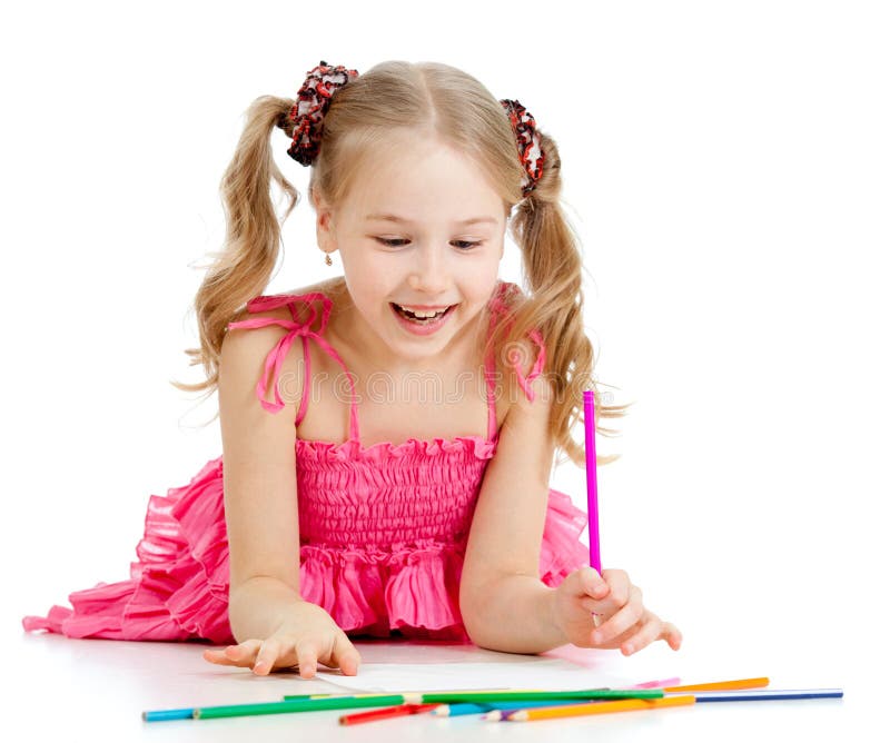 Happy Girl Drawing with Color Pencils Stock Image - Image of drawing ...