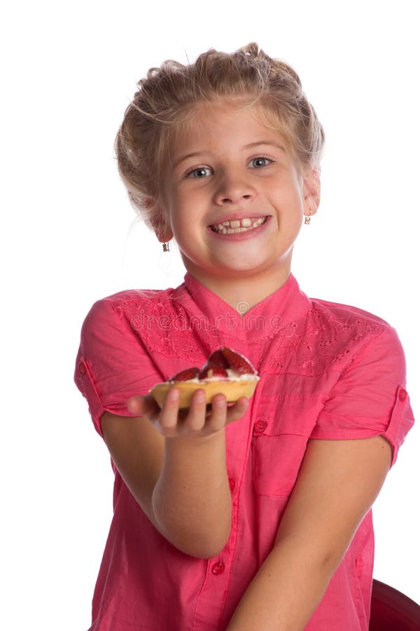 Happy Girl Enjoy Cake, Isolated. Stock Photo - Image of girl ...