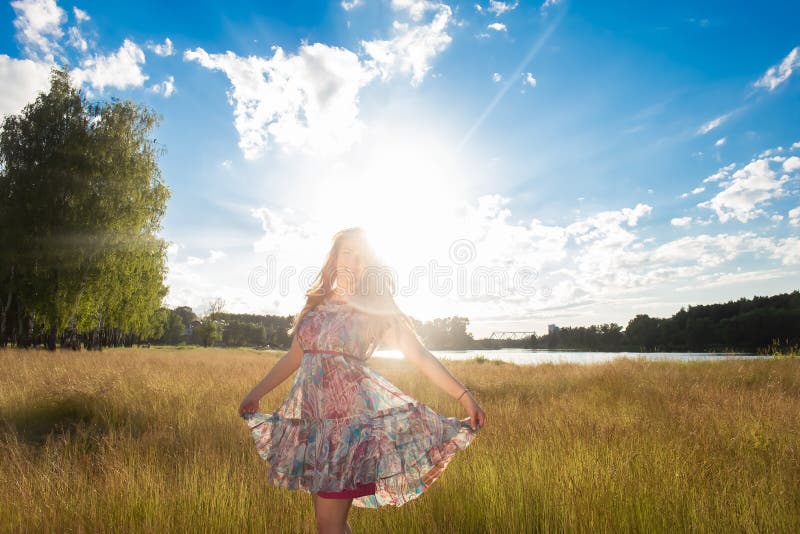 Happy Girl in the Field in the Sun Stock Image - Image of beautiful ...