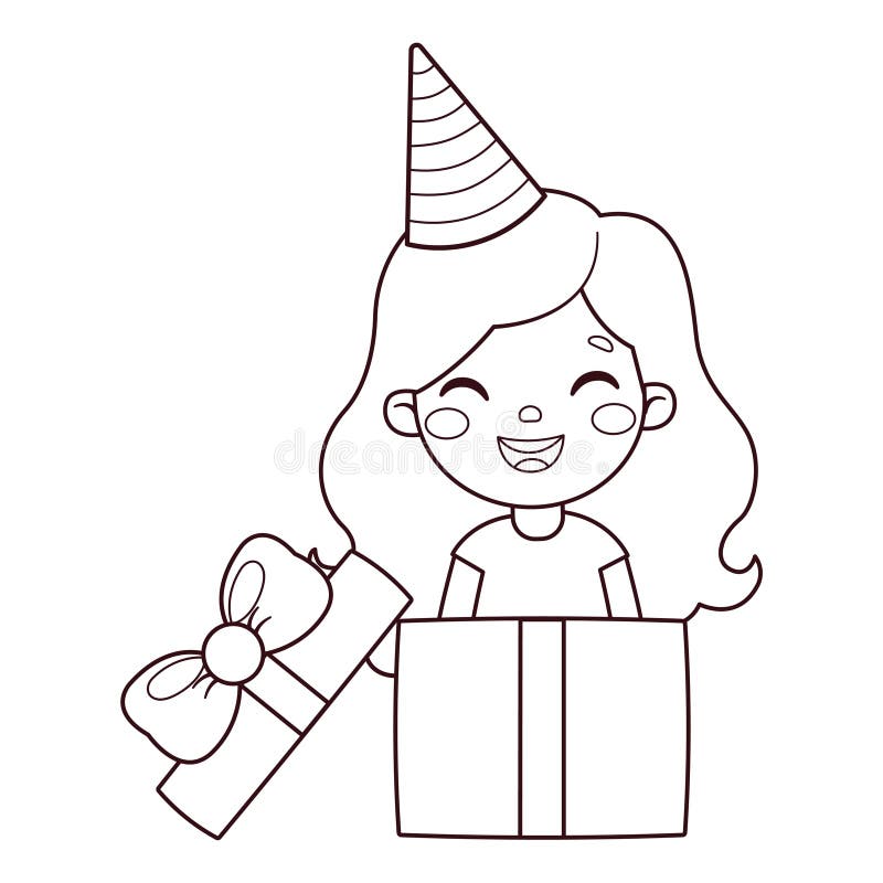 Happy Girl and Gift Box. Coloring Page Stock Vector - Illustration of ...