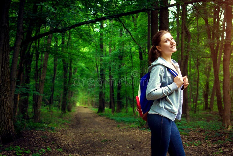 Happy Girl Going through the Forest Stock Image - Image of travel ...