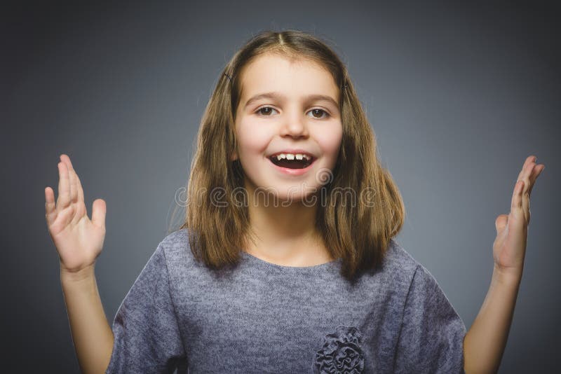 Happy Girl. Handsome Child Show Big Size Isolate on Grey Background ...
