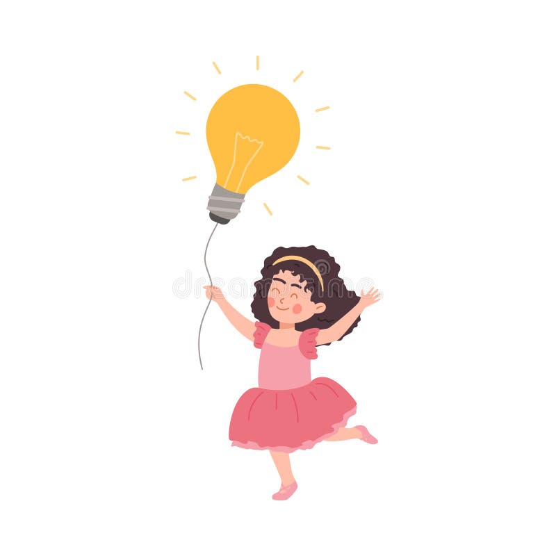 Happy Girl Holding Shining Light Bulb on String. Stock Illustration ...