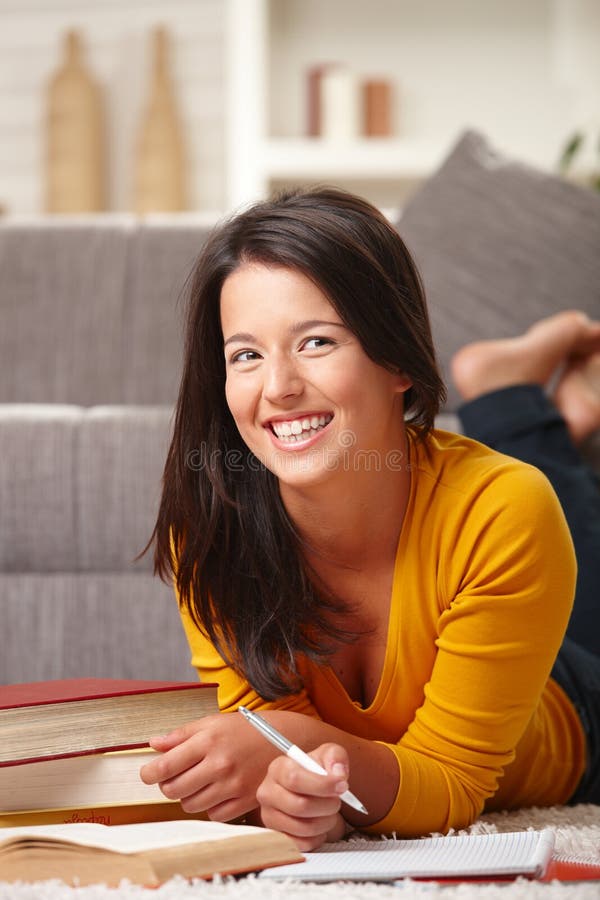 Happy Girl Learning on Floor Stock Photo - Image of hand, beautiful ...