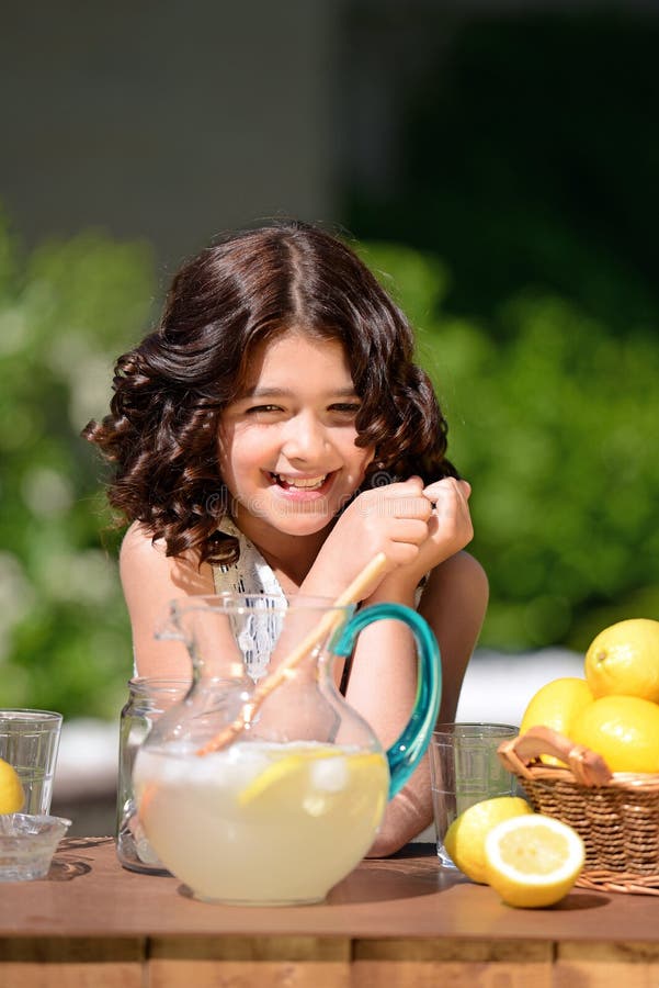 Happy Girl at Lemonade Stand Stock Photo - Image of container, play ...