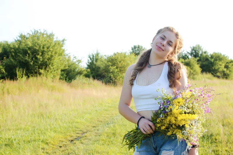 Happy Girl with Long Hair Walking in the Spring Stock Photo - Image of ...