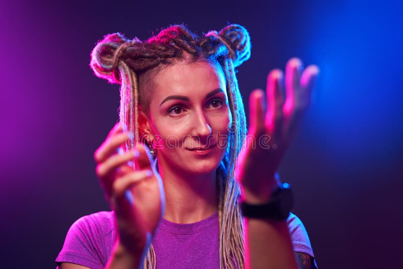 Happy Girl Looking at Camera in Neon Light Stock Photo - Image of girl ...