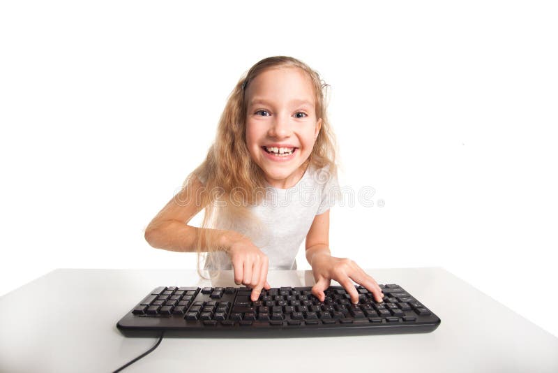 Happy Girl Looking at a Computer Stock Photo - Image of learning, games ...