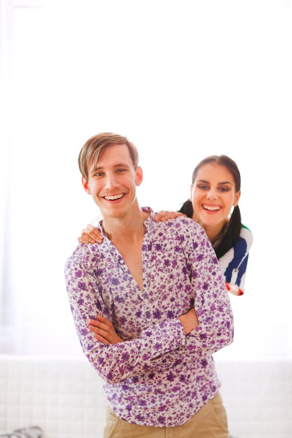 Happy Girl Looking Out from Boyfriends Back Stock Image - Image of male ...