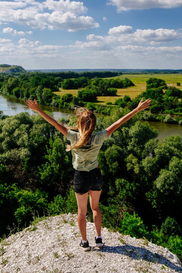 Happy Girl with Raised Up Arms on Hill Stock Image - Image of freedom ...