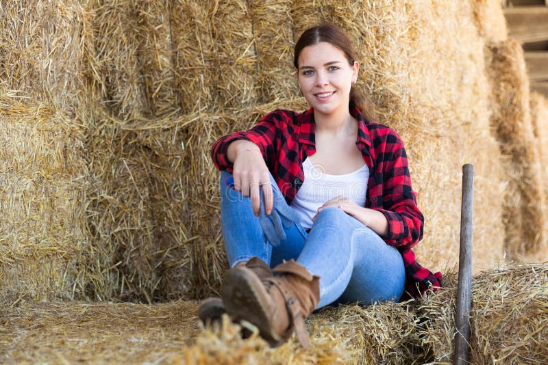 Happy Girl Resting after Hard Work in Hayloft Stock Photo - Image of ...