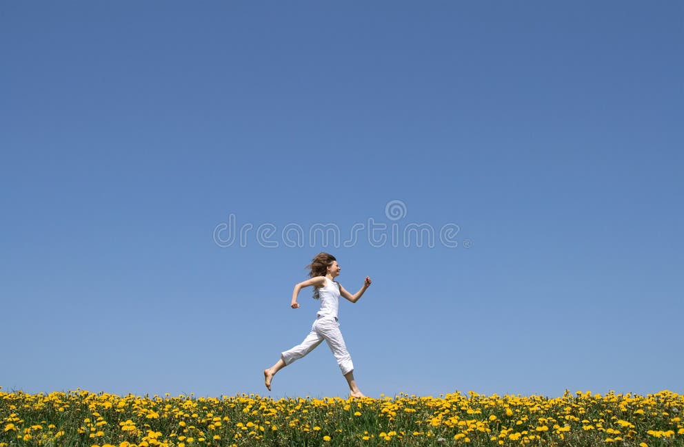 Happy girl running stock image. Image of dandelion, beauty - 2483993