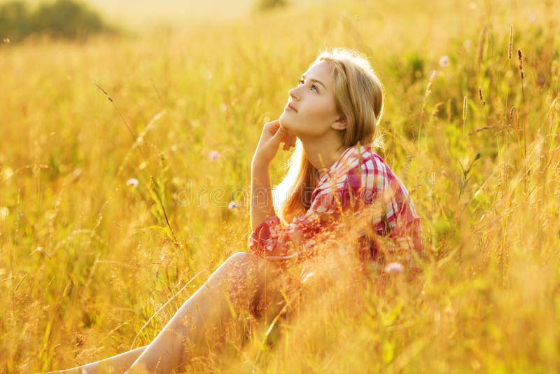 Happy Girl Sitting and Dreaming Stock Photo - Image of charm ...