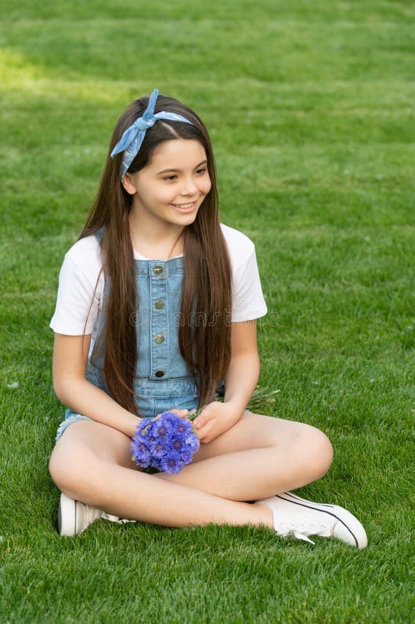 Happy Girl Sitting on Grass with Spring Flowers Stock Image - Image of ...