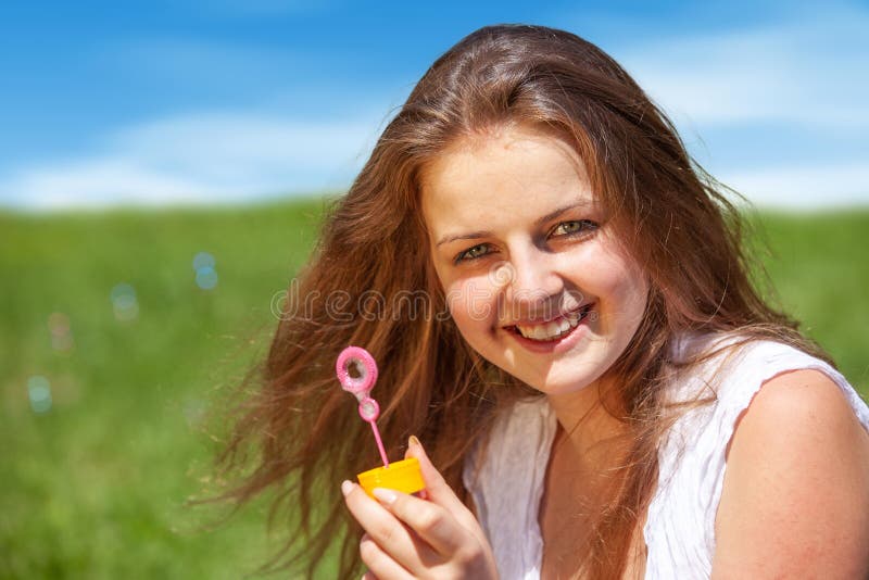 Happy Girl with Soap Bubbles in Nature Stock Photo - Image of bubble ...