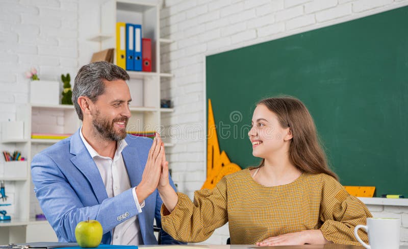 Happy Girl Study in Classroom with Tutor Stock Photo - Image of school ...