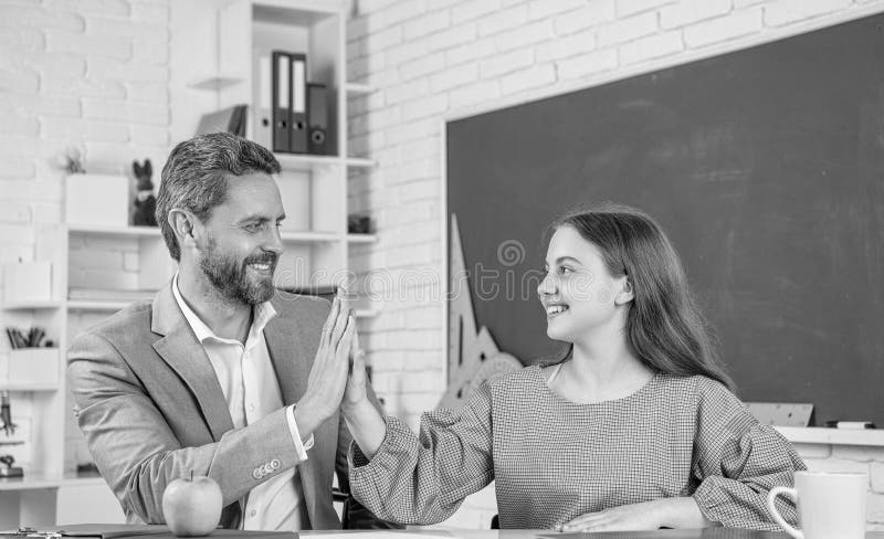 Happy Girl Study in Classroom with Tutor Stock Photo - Image of ...