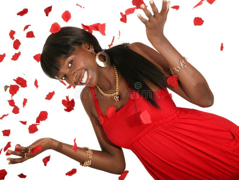 Happy Girl Throwing Rose Petal Stock Photo - Image of black, glamor ...