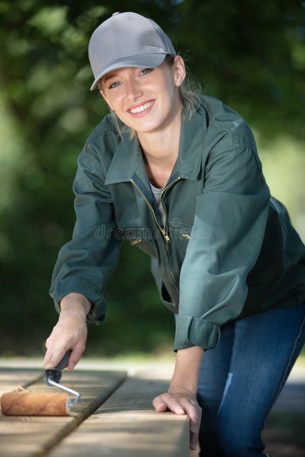 Happy Girl Working on Surface Wooden Board Stock Photo - Image of ...
