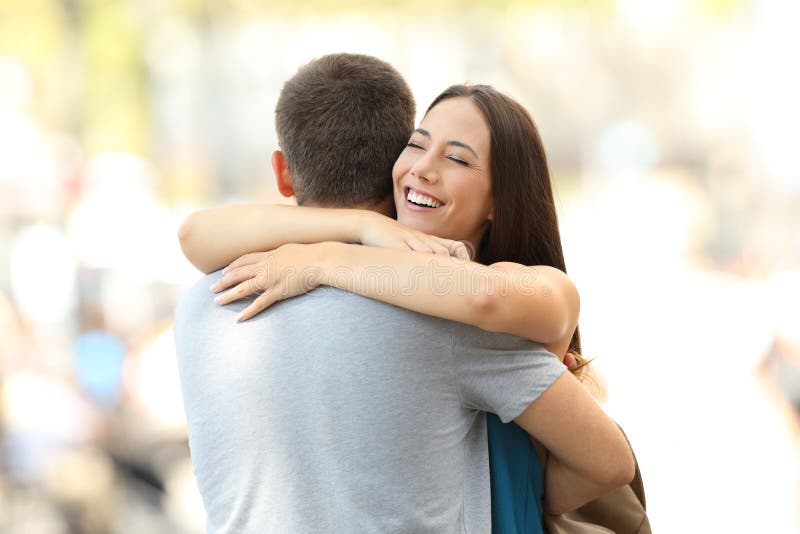 Happy Girlfriend Hugging Her Partner after Encounter Stock Photo ...