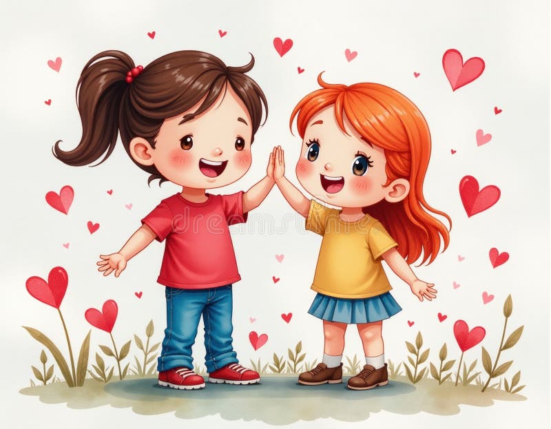 Happy Girls High Five with Hearts Stock Illustration - Illustration of ...