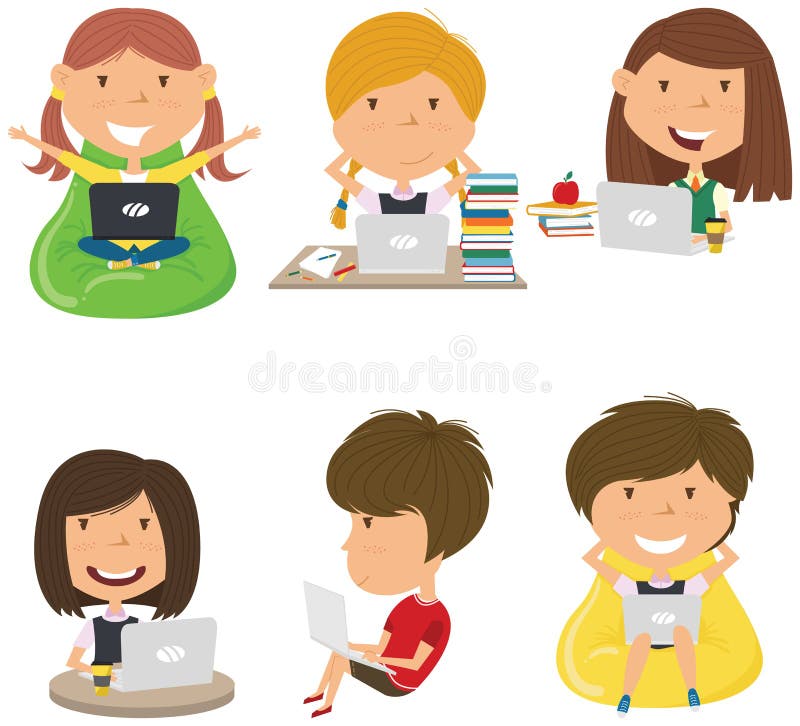 Happy Girls Learn and Do Homework by Computer Stock Vector ...
