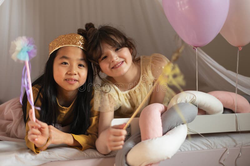 Happy Girls Playing on Princess in a Room. Stock Image - Image of young ...
