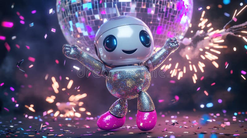 Happy Glittery Robot Dancing at Disco with Sparkling Fireworks and ...
